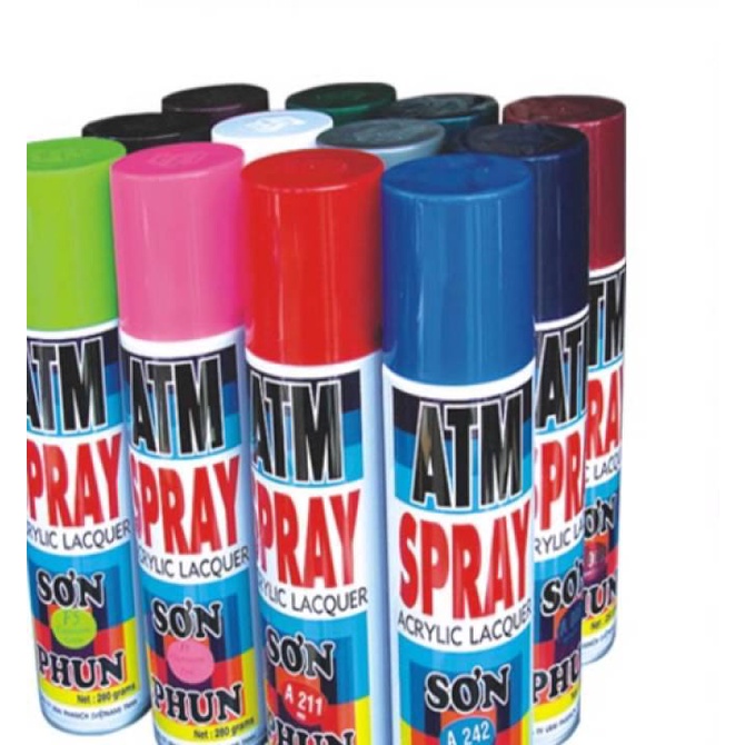 Sơn xịt ATM, Sơn phun đủ màu: bóng A10, Trắng A100, Đen A210, Đỏ A211 ...