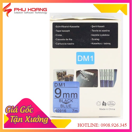 Băng in nhãn Dymo DM-40916 chữ đen nền xanh dương khổ rộng 9MM, dài 7 mét, sử dụng cho máy Dymo ...