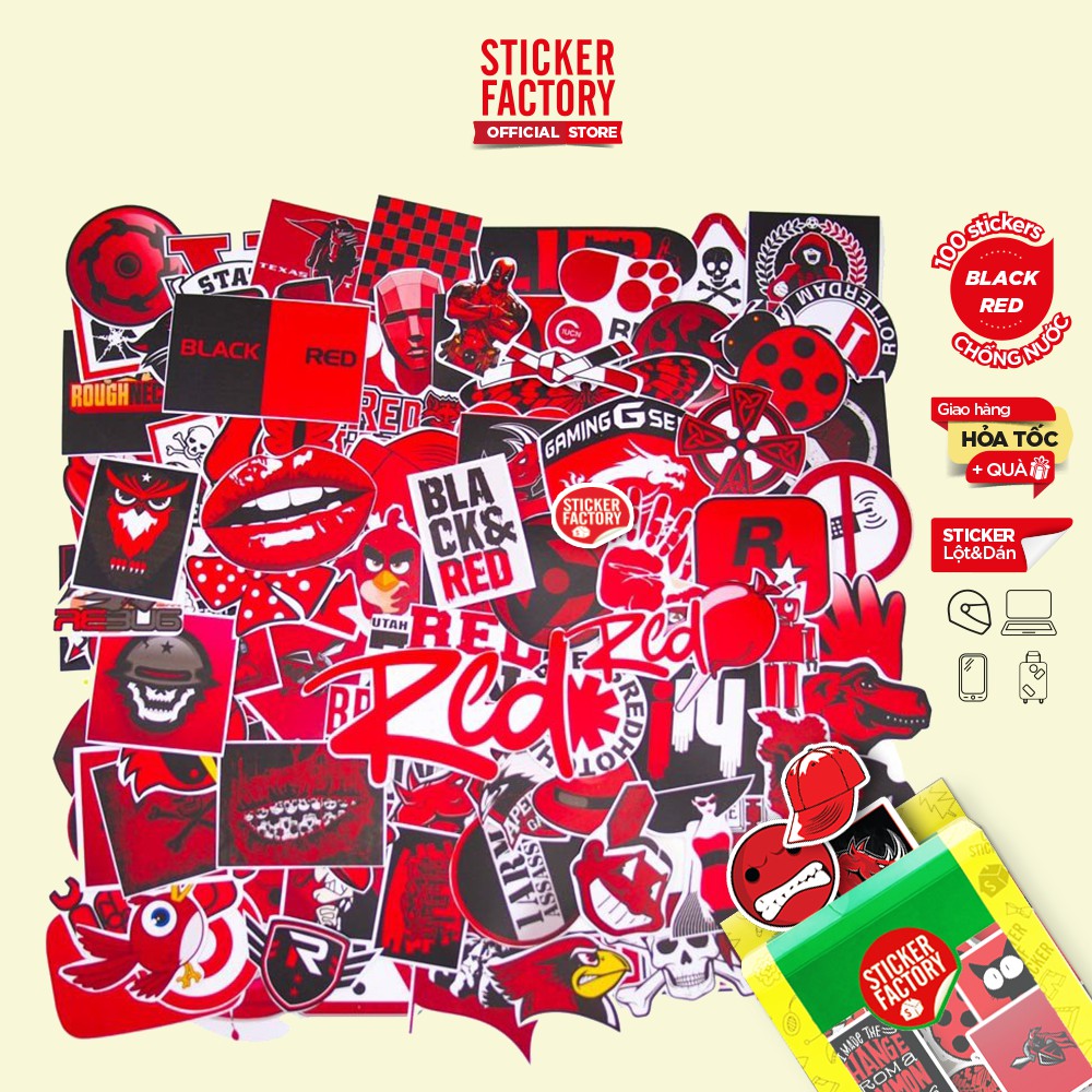 Black Red - Set 100 sticker decal hình dán nón bảo hiểm, laptop, xe máy ...