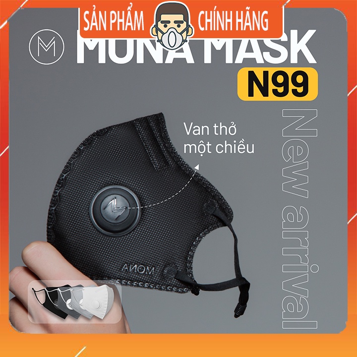 Một chiếc khẩu trang MONA MASK tiêu chuẩn N99 có Van ngăn đến 99% vi khuẩn, hạt bụi siêu mịn ...