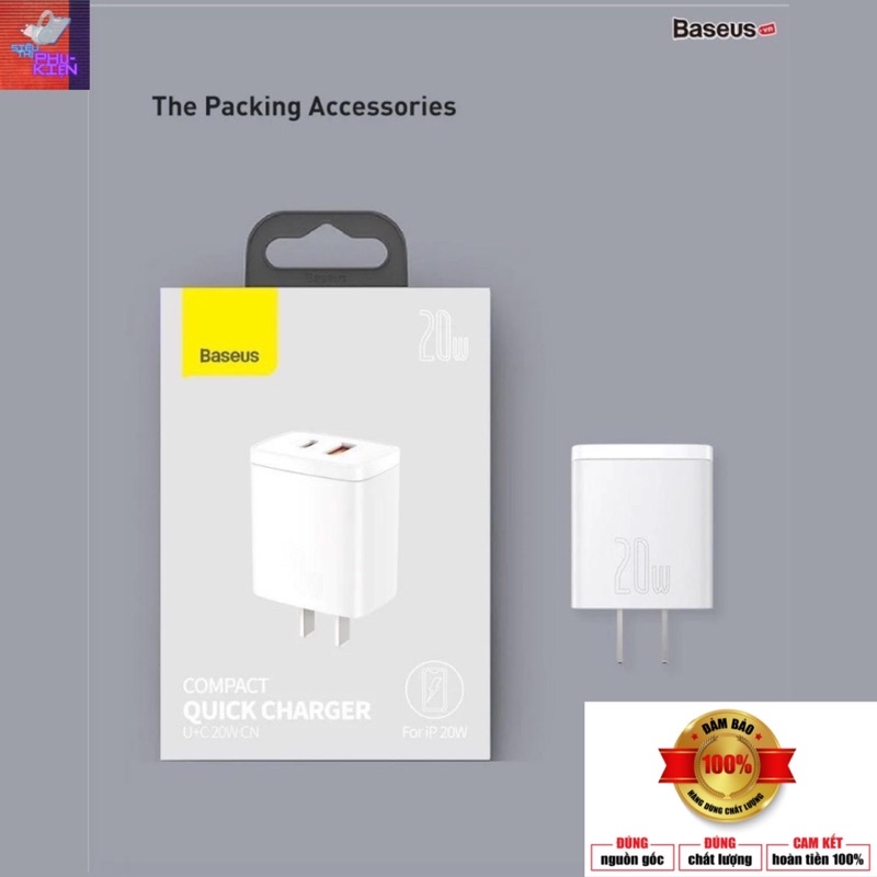 Củ Sạc Nhanh 20W Baseus Compact Quick Charger Siêu Nhỏ Gọn Tích Hợp 2 Cổng Sạc Type C và USB, Hỗ ...