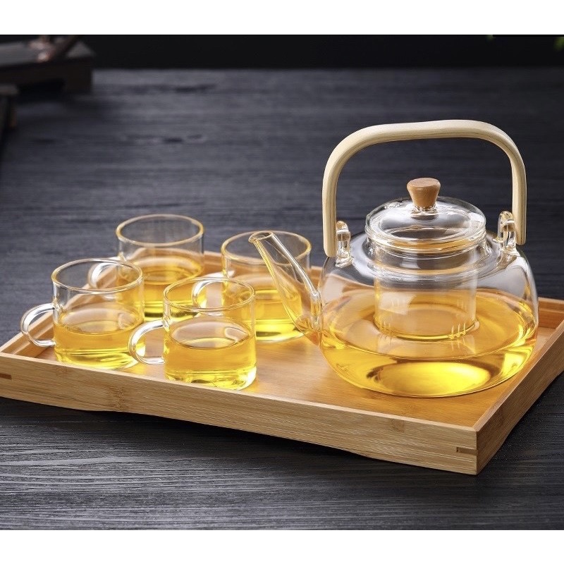 Bộ ấm chén thủy tinh tay gỗ cao pha trà 900ml kèm khay gỗ ( KHay giao ...