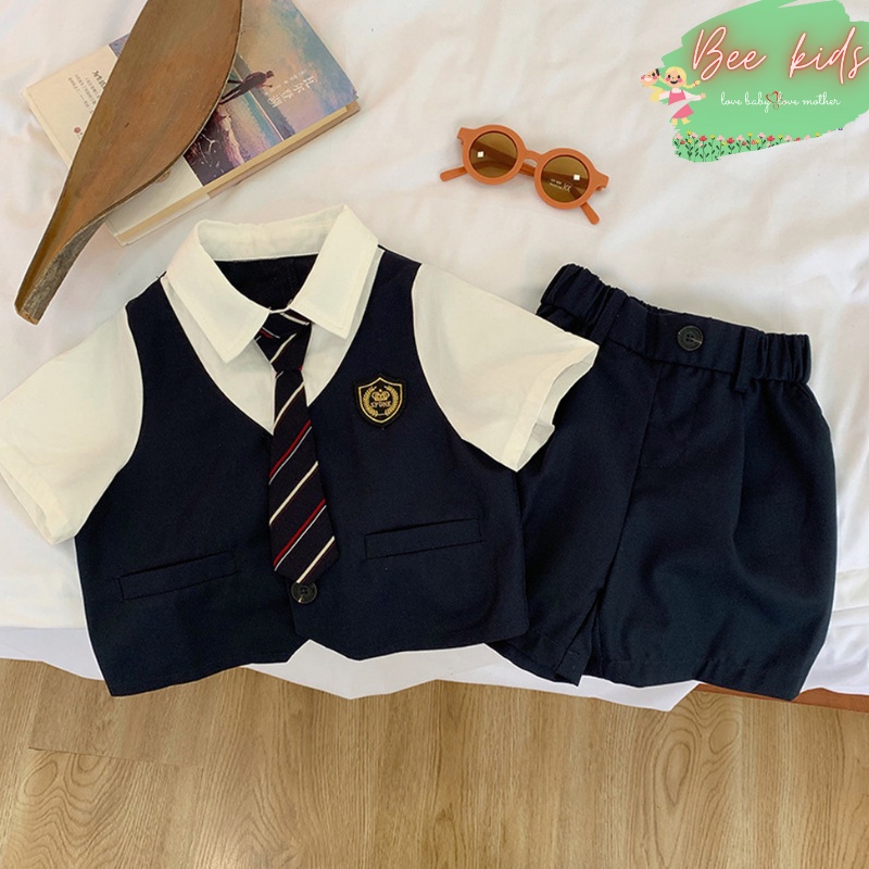 Set gile Hàn quốc phối cà vạt cho bé trai 9-30kg đi học, đi chơi...quần ...