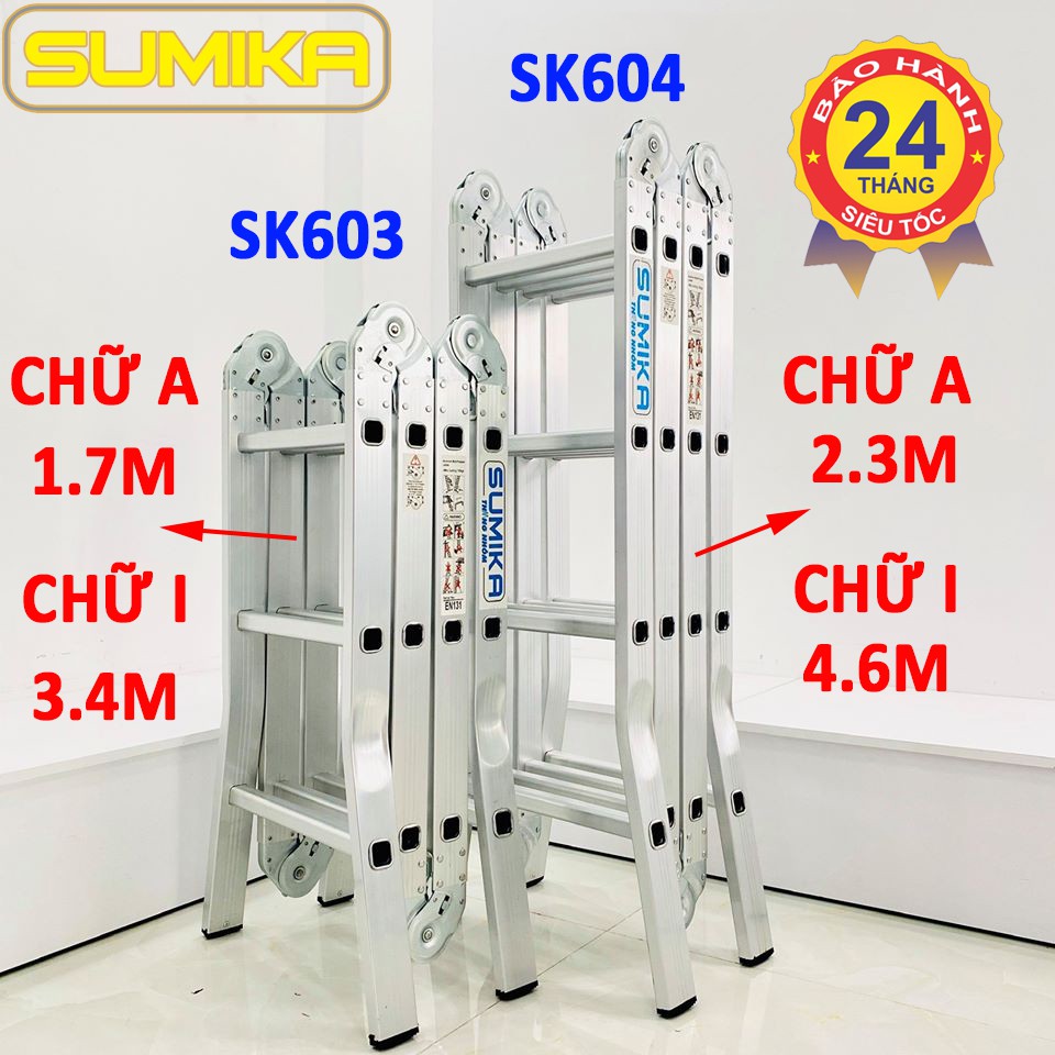 2 Mẫu thang nhôm gấp xếp đa năng Sumika 4 đoạn SK604 - 4 bậc & SK603 - 3 bậc BẢO HÀNH 2 NĂM ...