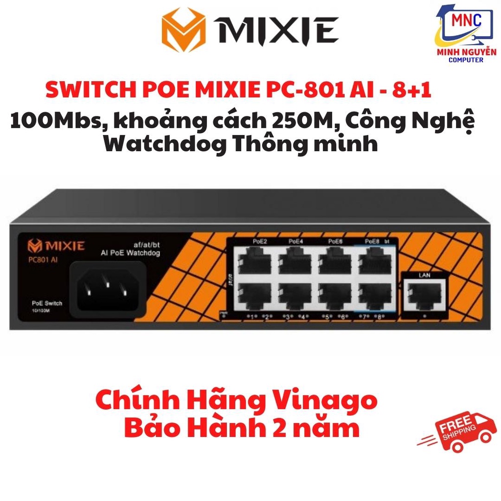SWITCH POE MIXIE PC-801 AI - 8+1 100Mbs, khoảng cách 250M, Công Nghệ ...