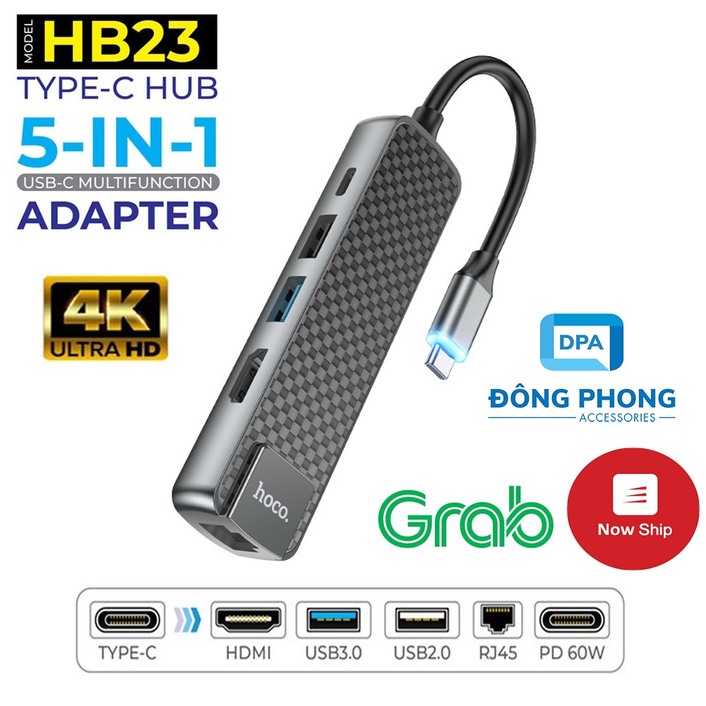 Hub Hoco HB23 5 in 1 Chuyển Type C Ra USB 3.0 + HDMI + RJ45 + PD60W Chính Hãng ( USB C ...