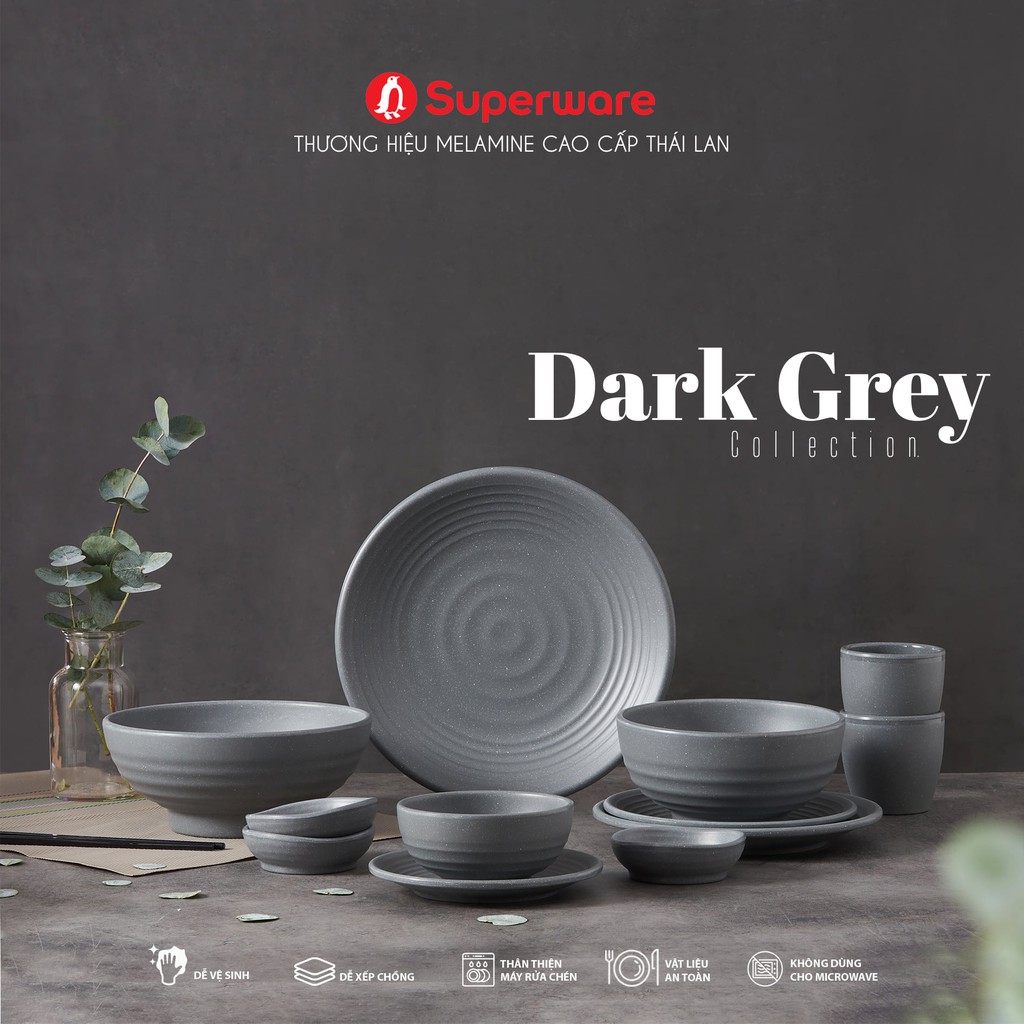Bộ Bát Cơm và Đĩa Chấm SUPERWARE Nhựa Phíp 100% Melamine - Dark Grey | Shopee Việt Nam