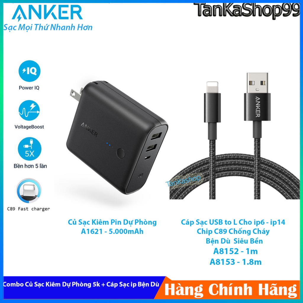 Combo Anker Củ Sạc Kiêm Pin Dự Phòng 5.000mAh A1621 + Cáp Sạc ip6 - ip14 Series | Shopee Việt Nam