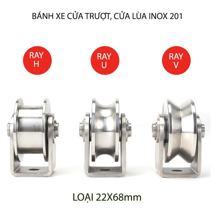 Bộ bánh xe cho cửa cổng trượt, cửa lùa làm bằng inox 201, loại lớn 22x68mm, hình U, V, H tùy ...