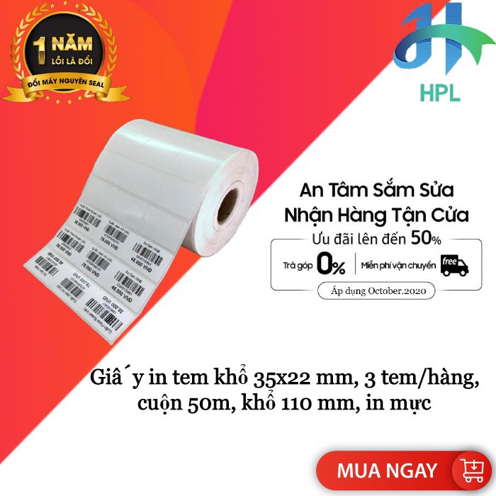 Giấy in tem khổ 35x22 mm, 3 tem/hàng, cuộn 50m, khổ 110 mm, in mực ...