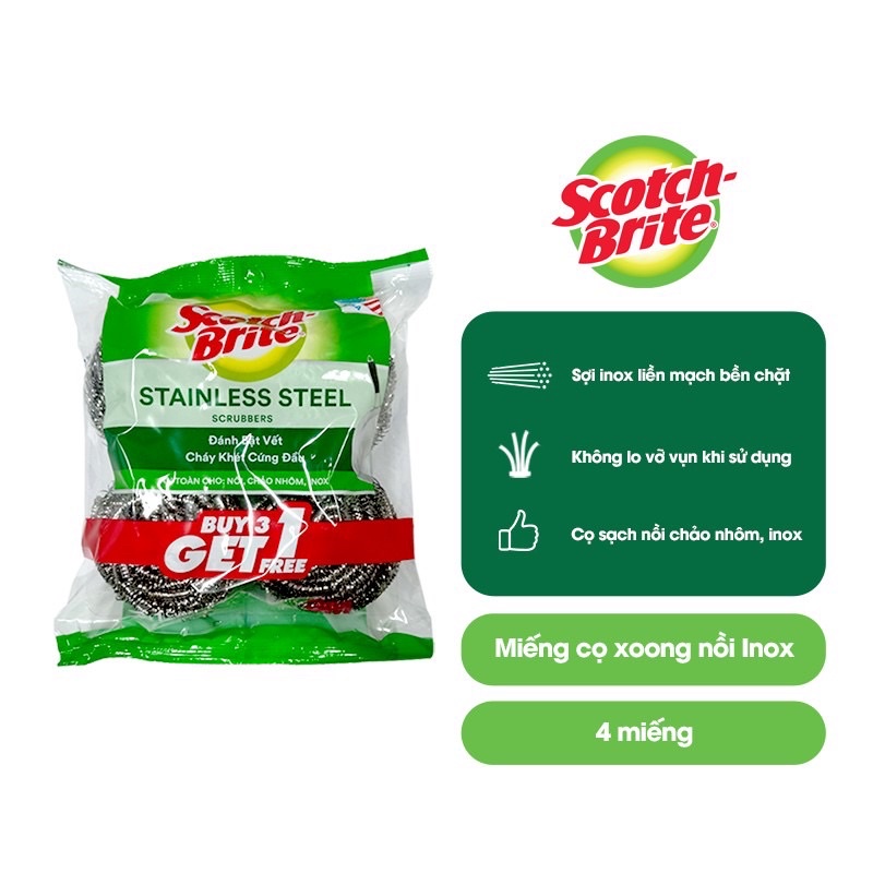 Combo 4 Miếng cọ rửa xoong nồi Inox Scotch Brite 3M bền chắc, không gãy ...
