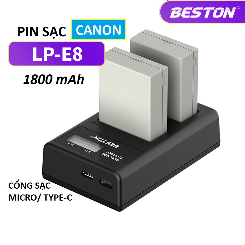 Bộ Pin LP-E8 1800mAh + Sạc Beston Dùng Cho Máy Ảnh Canon EOS 550D 600D 650D 700D Kiss X4 X5 X6i ...