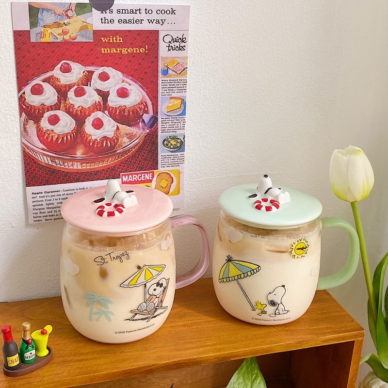 Ly thủy tinh Snoopy Summer nắp sứ nổi 3D | Shopee Việt Nam