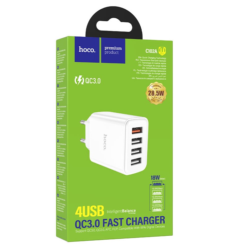 Củ sạc nhanh C102A PD28.5W Hoco 4 cổng USB chân tròn , QC3.0 sạc nhiều thiết bị cùng lúc ...