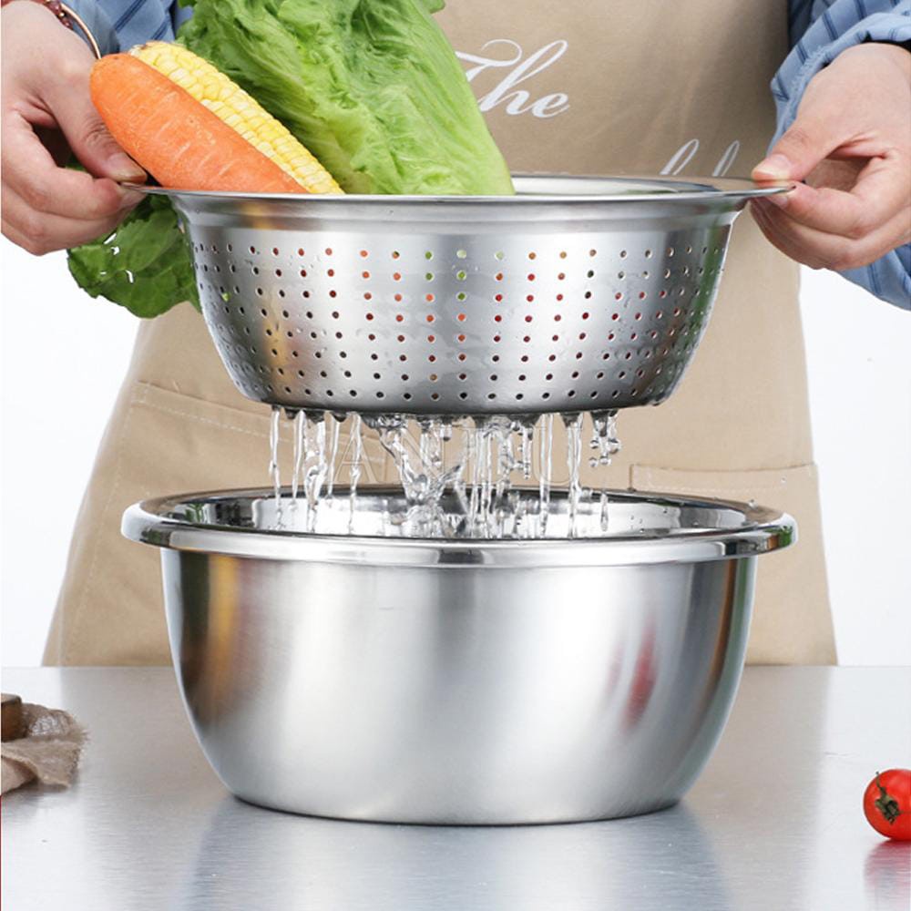 Bộ thau rổ inox 304 vo gạo, rửa rau củ quả tiện lợi, Chậu kèm rổ inox ...