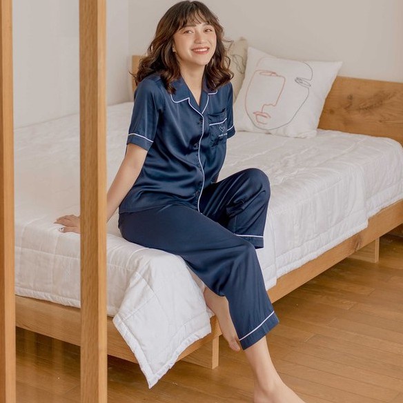 VIBES Đồ bộ Pijama dài Lụa trơn cao cấp Navy Long Py Set | Shopee Việt Nam