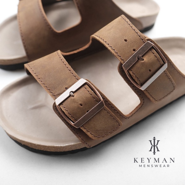 Dép trấu KEYMAN Nâu - Dép da 2 lớp khoá đồng Đế cao su non K113 KEYMAN ...