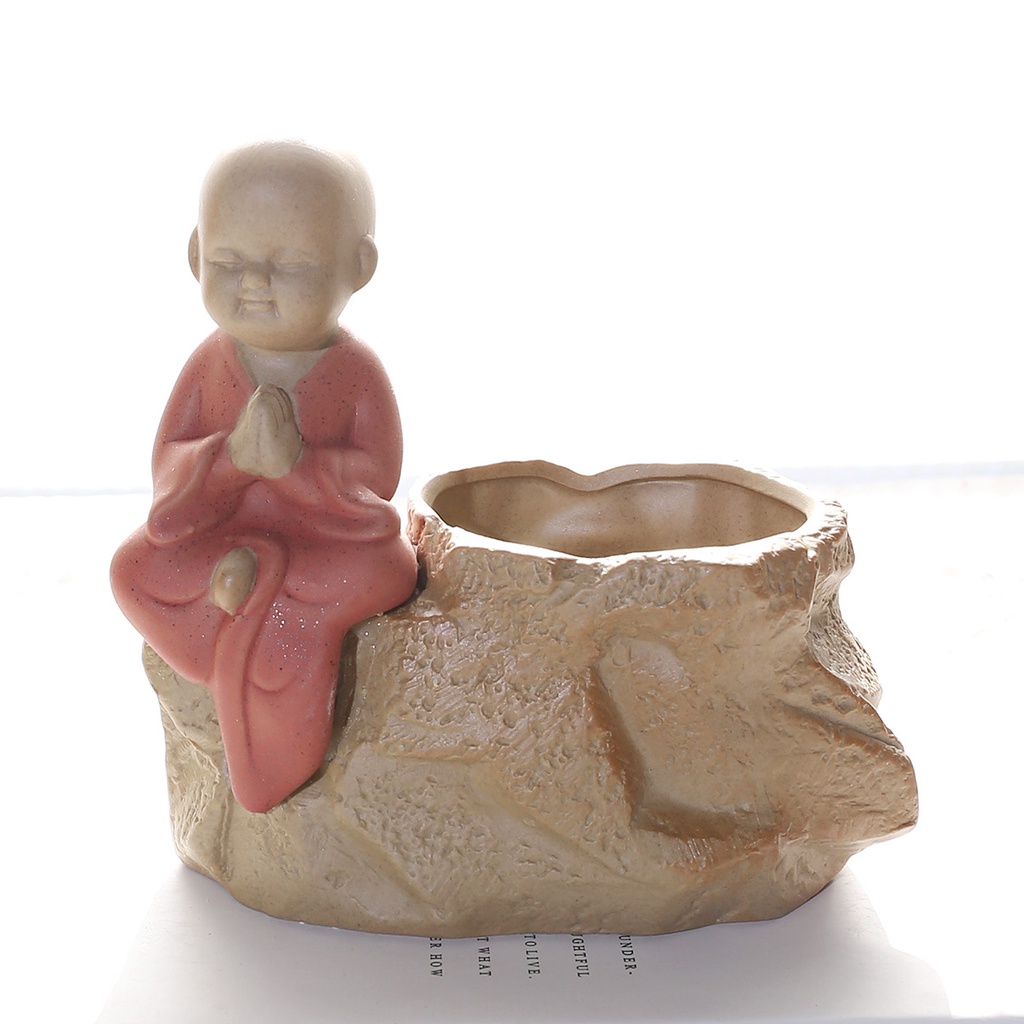 Chậu sứ trồng cây để bàn kèm tượng phật bình an , kíck thước 16 x 16 cm ...