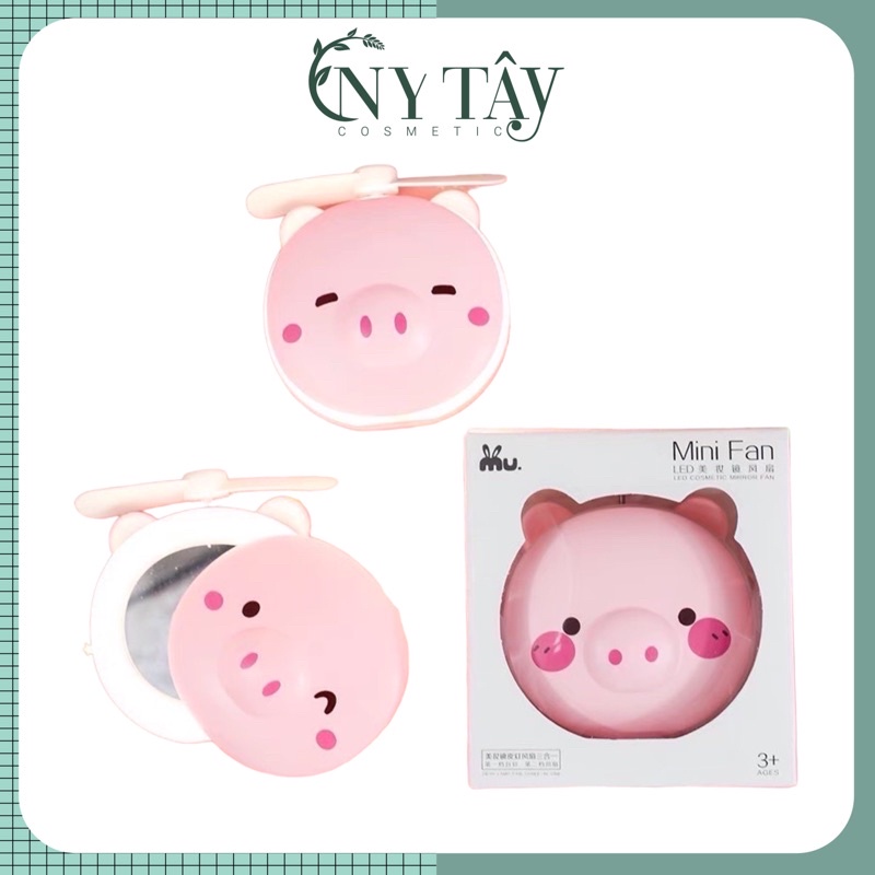 Quạt heo mini 3 trong 1 gồm 1 quạt + gương trang diểm + đèn led ...