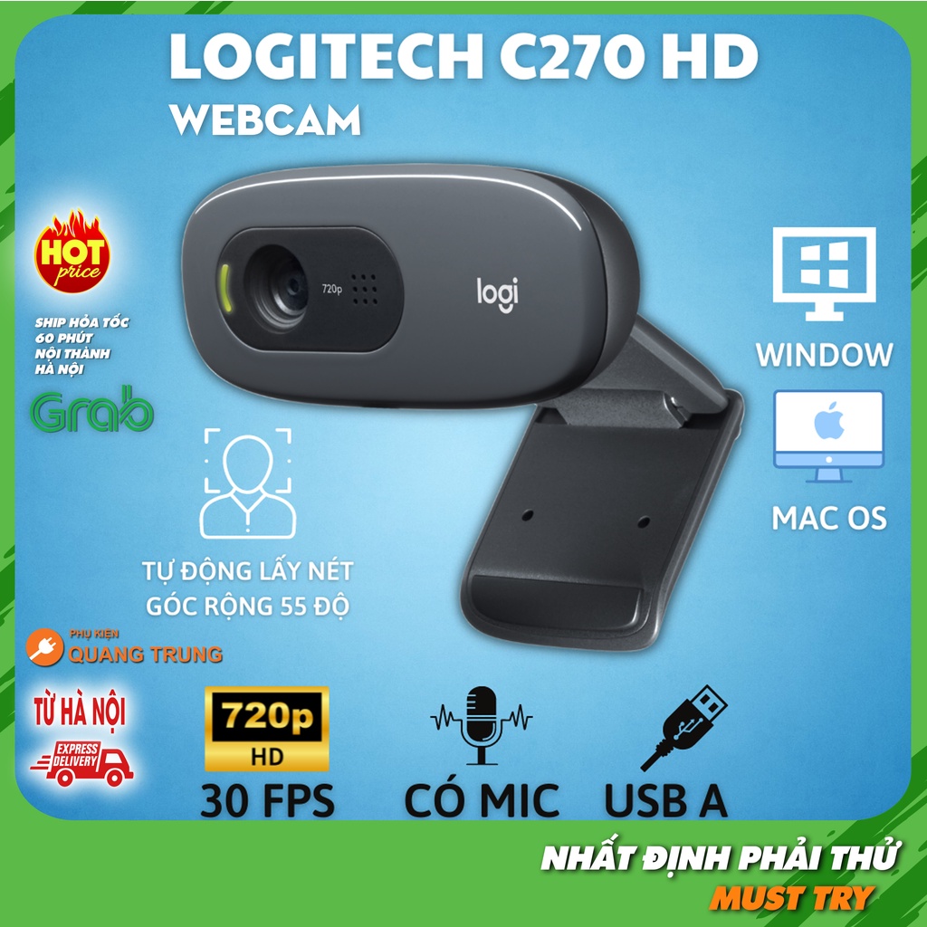 Webcam logitech C270 HD, autofocus dùng rất tốt cho học online, hội họp ...