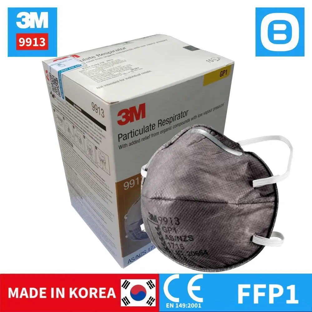 3M 9913, Khẩu trang than hoạt tính chống hóa chất bụi mịn, Dây đeo qua đầu, GP1, Màu xám ...