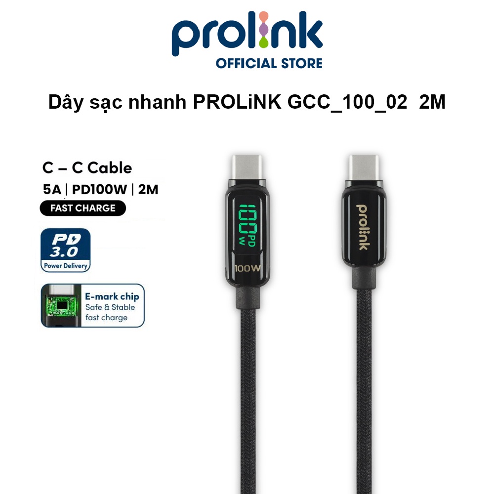 Dây sạc type C To C PROLiNK GCC_100_02 dài 2M, sạc siêu nhanh 100W, màn ...