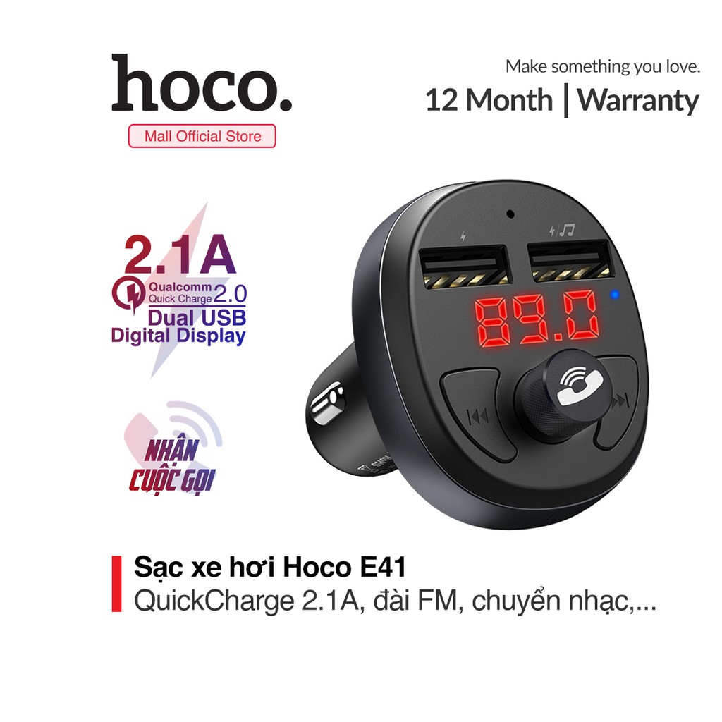 Sạc ô tô Hoco E41 2 cổng USB, hỗ trợ gọi rảnh tay một chạm, tích hợp ...
