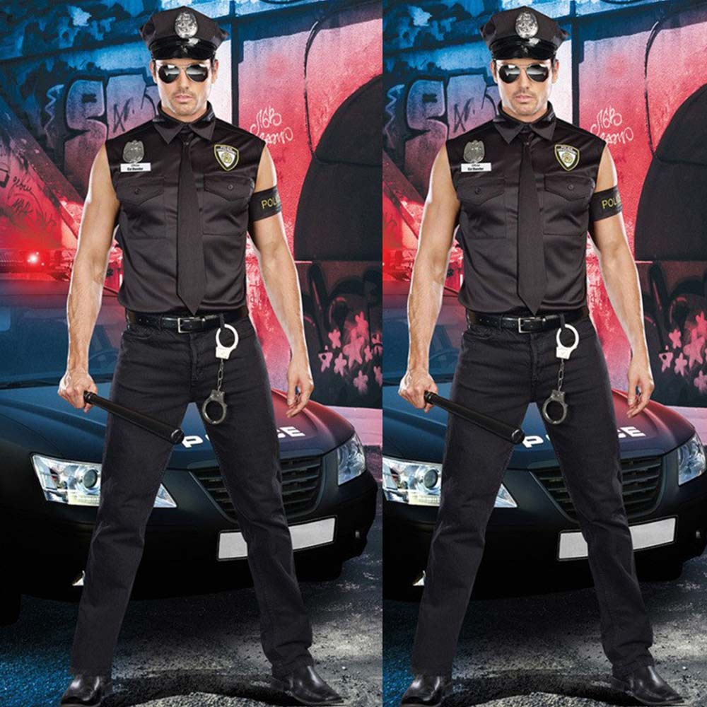 Halloween cosplay male police uniform sleeveless black police shirt ...