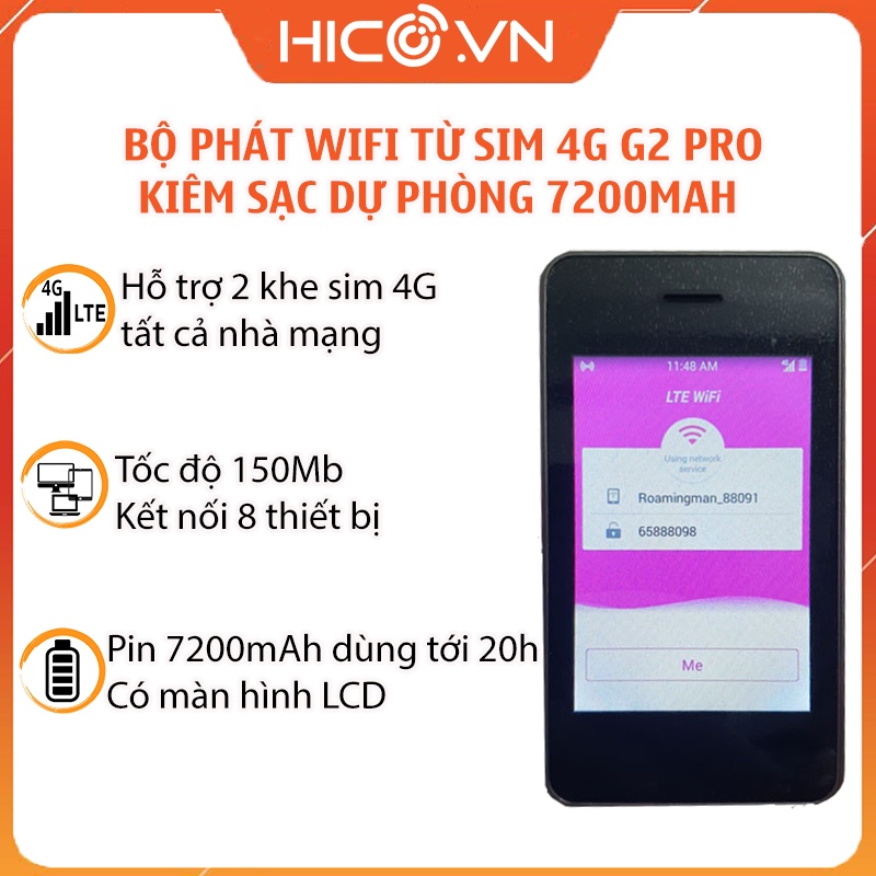 Bộ Phát Wifi 4G 2 Sim G2 Pro nhỏ gọn - Dung Lượng Pin lớn 7200 Mah Kiêm sạc pin dự phòng - Màn ...