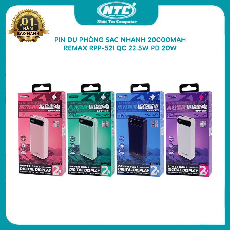 Pin dự phòng sạc nhanh Remax RPP-521 Bole Series 20000mAh QC 22.5W và PD 20W - tích hợp 2 input ...