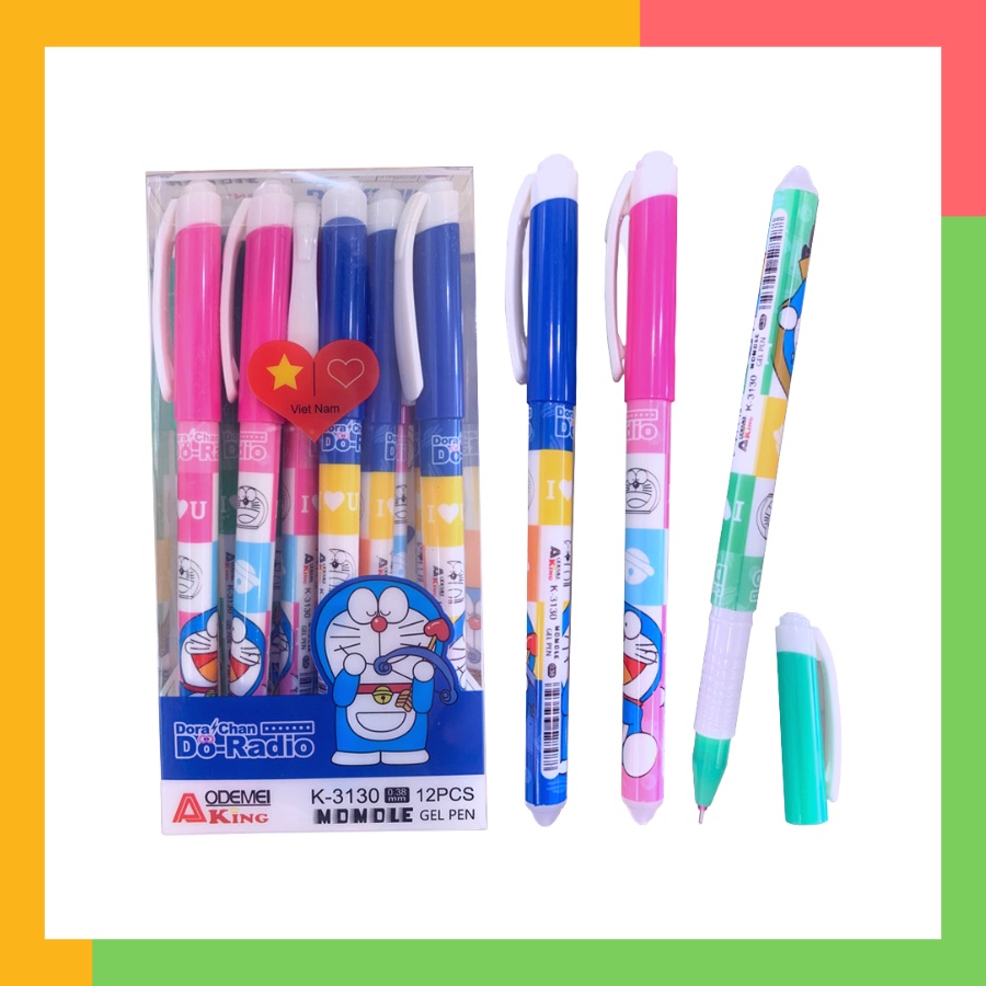 Hộp 12 cây bút viết gel Doraemon xóa được ngòi 0.38mm Aodemei mực xanh ...