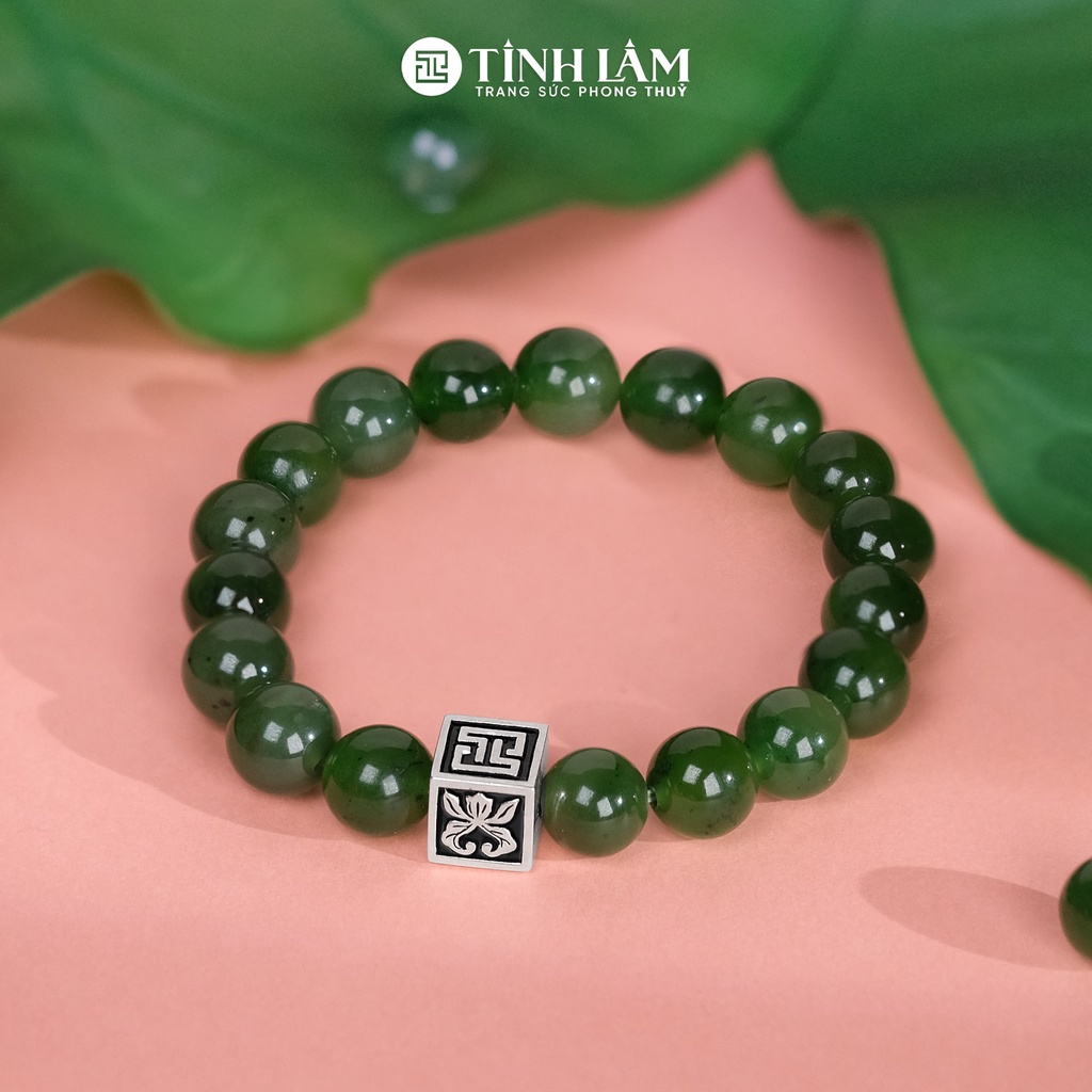 TINH LÂM Vòng Tay Phong Thủy Đá Phật Ngọc 9,5 Li - Charm Vuông Sen ...