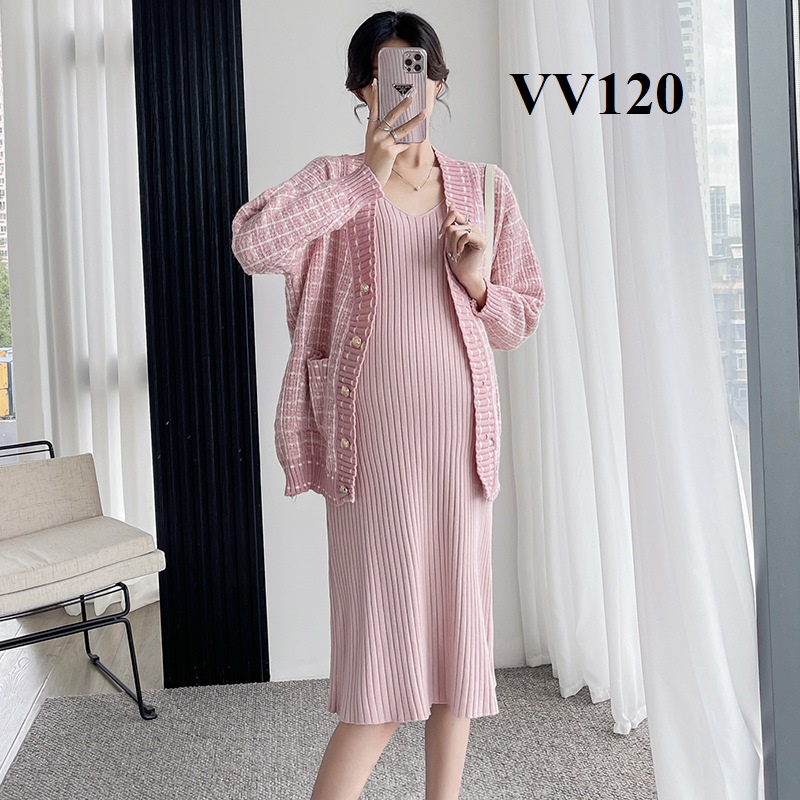 Váy bầu, đầm bầu thu đông chất len, set đầm len phối khoác cardigan ...