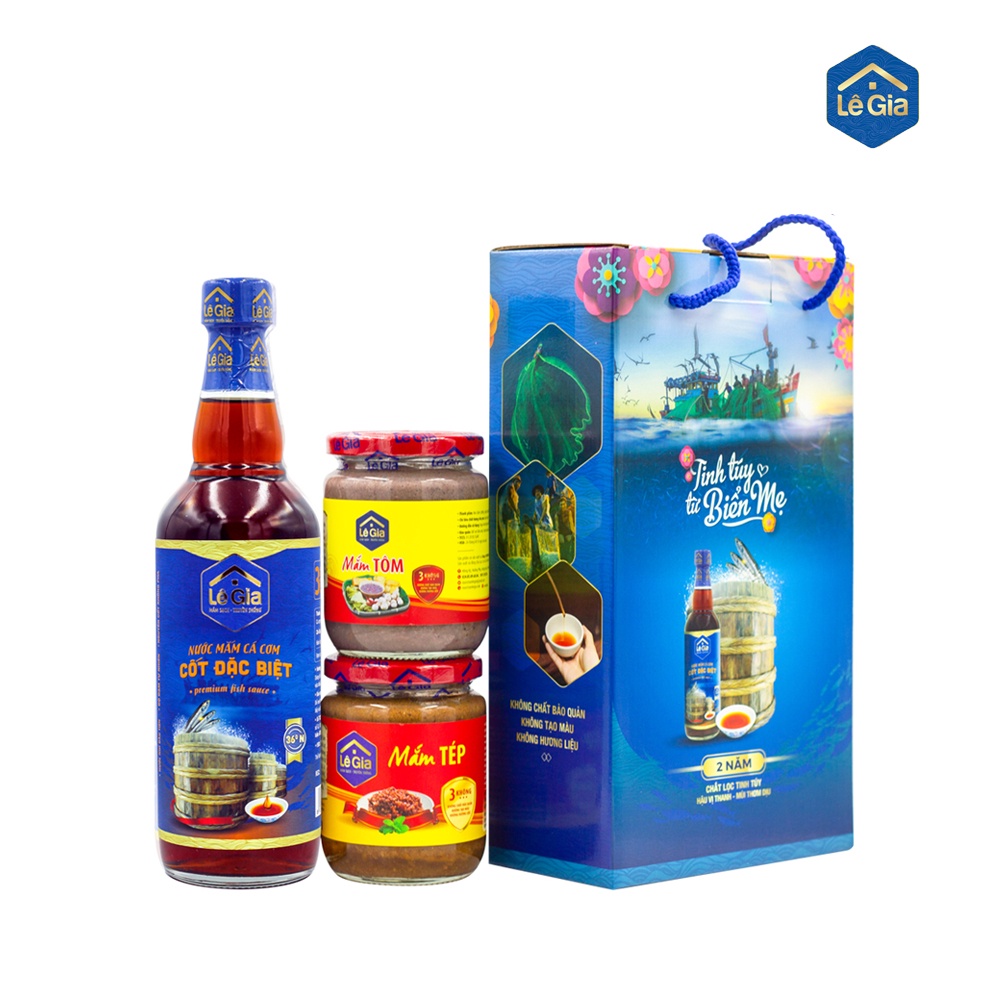 Hộp quà tặng Lê Gia 2: 01 chai mắm cốt đặc biệt 525ml+ 01 hũ mắm tôm 280ml + 01 hũ mắm tép 280ml ...