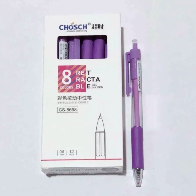 hộp 12 cây bút gel bấm chosch 0.5mm cs8698 mực nước xanh, tím, đỏ, đen ...