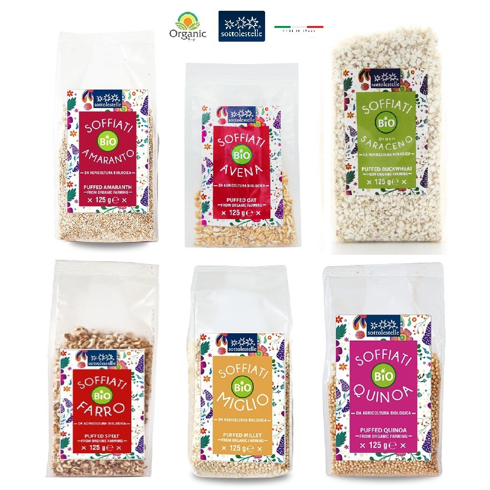 Bỏng lúa mì, yến mạch,diêm mạch hữu cơ Sotto 125g Organic puffed grains ...