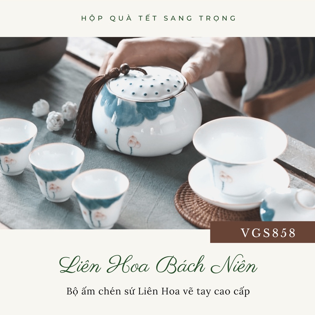 Bộ ấm chén sứ cao cấp LIÊN HOA BÁCH NIÊN vẽ tay | Hàng thiết kế ...