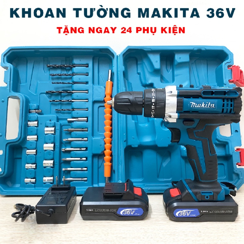 Máy khoan pin 36V Makita 3 chức năng có búa - kèm 24 chi tiết gồm các mũi khoan + Mũi bắt vít ...