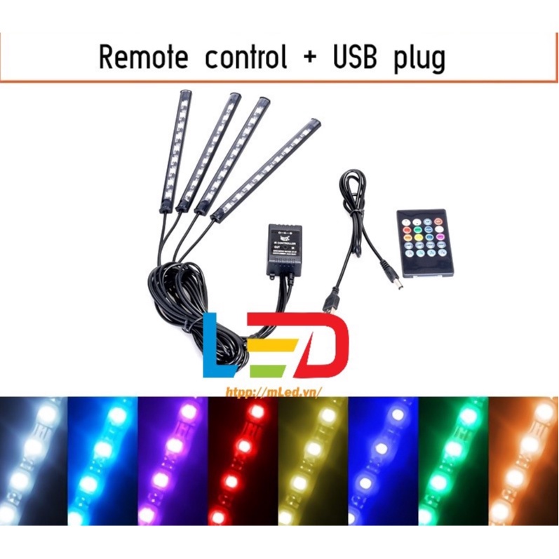 Đèn led gầm xe ô tô RGB, trang trí nội thất ô tô, điều khiển từ xa, nháy theo nhạc [4 đèn x 18 ...
