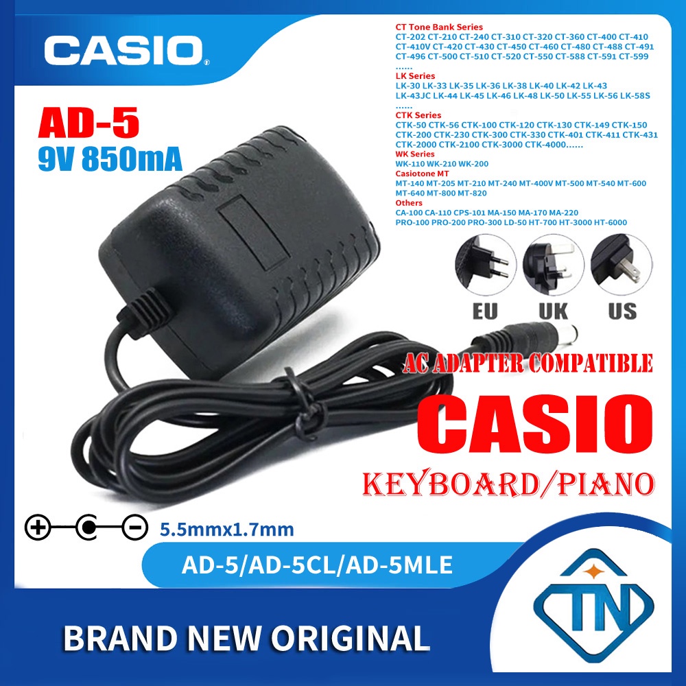 CASIO Bộ chuyển đổi AC 9V 850mA AD-5 AD-5CL cho Casiotone CT-470 CT-606 ...