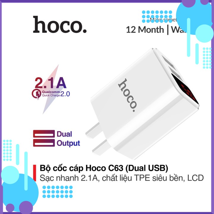 Cốc sạc 2 cổng Hoco C63 hỗ trợ sạc nhanh 2.1A có màn hình LED hiển thị ...