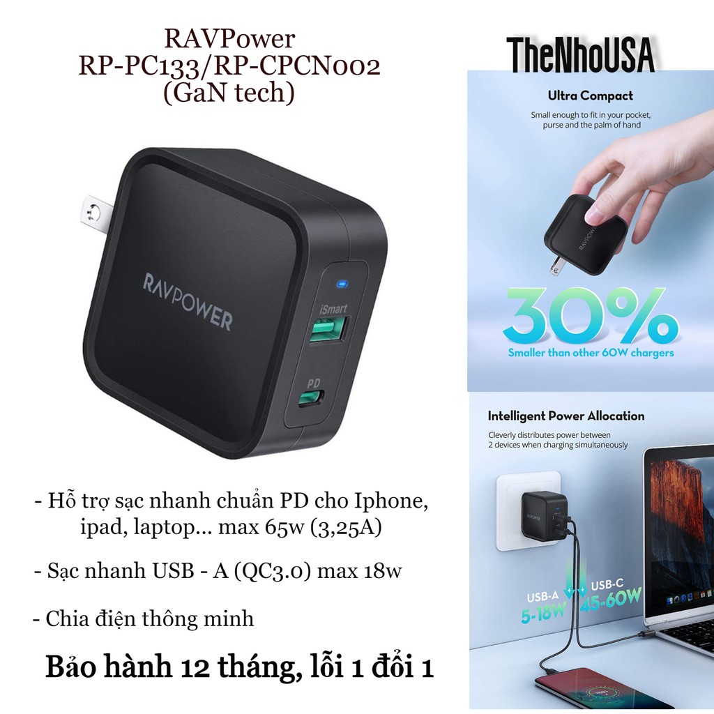 Củ sạc RAVPower 2 cổng - 65W PD [GaN tech] RP-PC133/RP-CPCN002 | Shopee Việt Nam