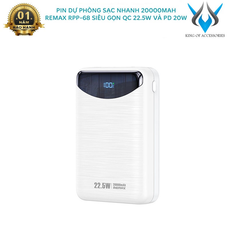 Pin dự phòng sạc nhanh Remax RPP-68 Ritry II Series 20000mAh siêu nhỏ gọn - hỗ trợ QC 22.5W và ...