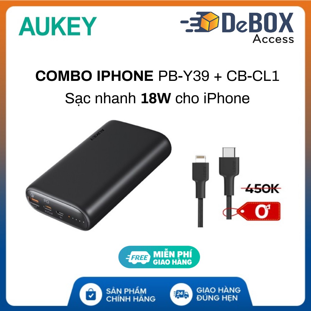 Combo AUKEY Pin Sạc Dự Phòng 15000 mAh PB-Y39, cáp sạc nhanh Iphone 12 Series CB-CL1 PD 22W Bảo ...