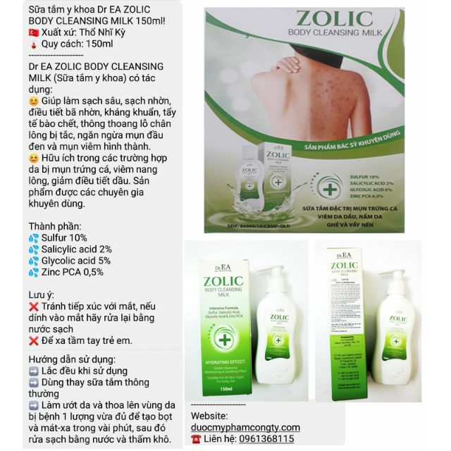 Sữa tắm sát khuẩn viêm nang lông da dầu Dr EA ZOLIC body cleansing milk ...