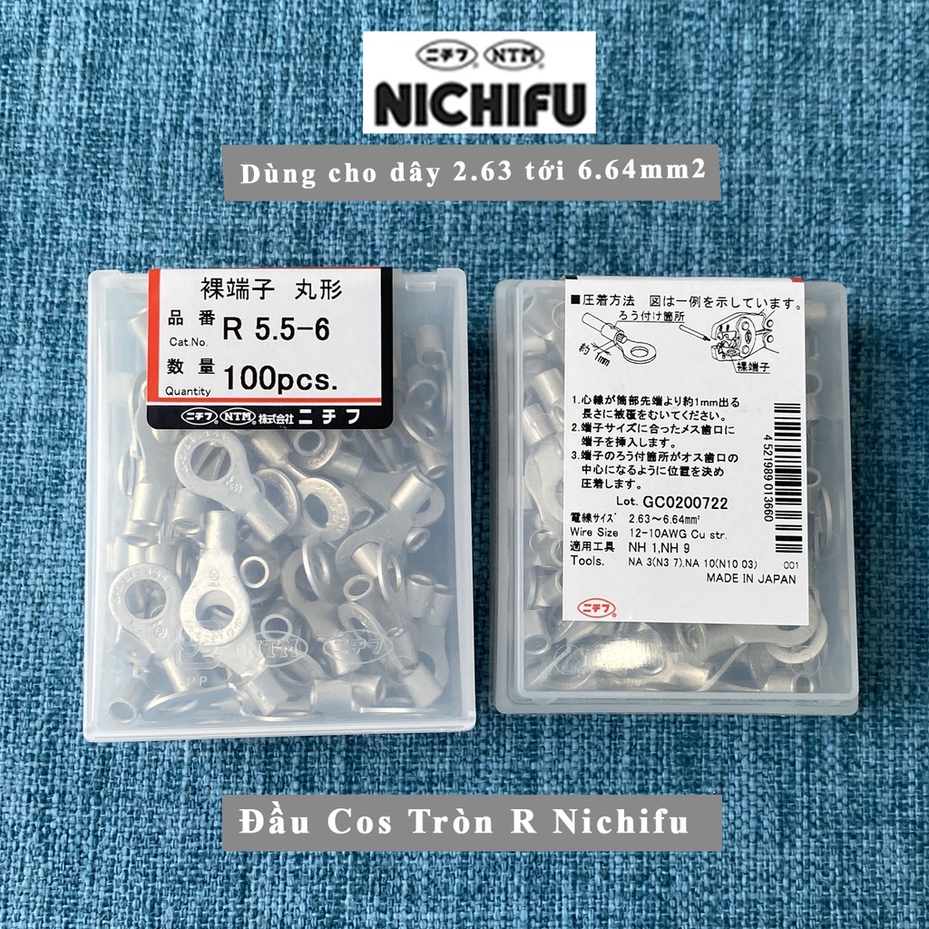 Đầu cos tròn R5.5 Nichifu Nhật Bản- Đầu cốt tròn loại trần -Cho dây 2.63 tới 6.64mm2 R5.5-4 R5.5 ...