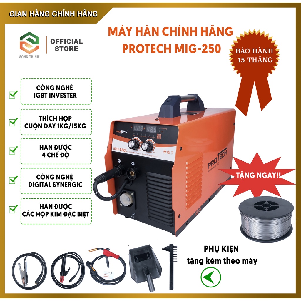 Máy Hàn Protech MIG 250i - Hàn được 4 chế độ: MIG không khí, MIG có khí, Hàn Lift TIG, Hàn Que ...