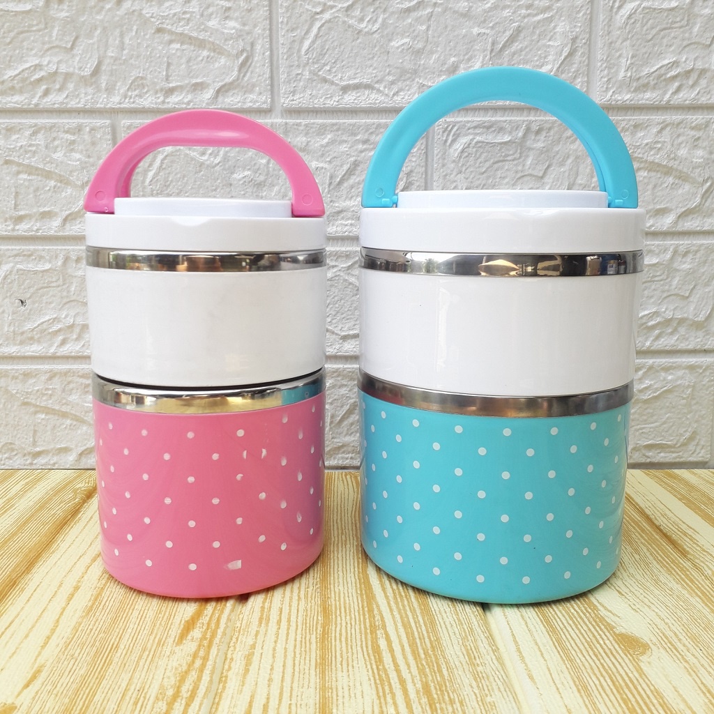 Hộp cơm camen giữ nhiệt 2 ngăn chấm bi ruột inox dung tích 930ml - 1500ml - Camen 2 tầng ...