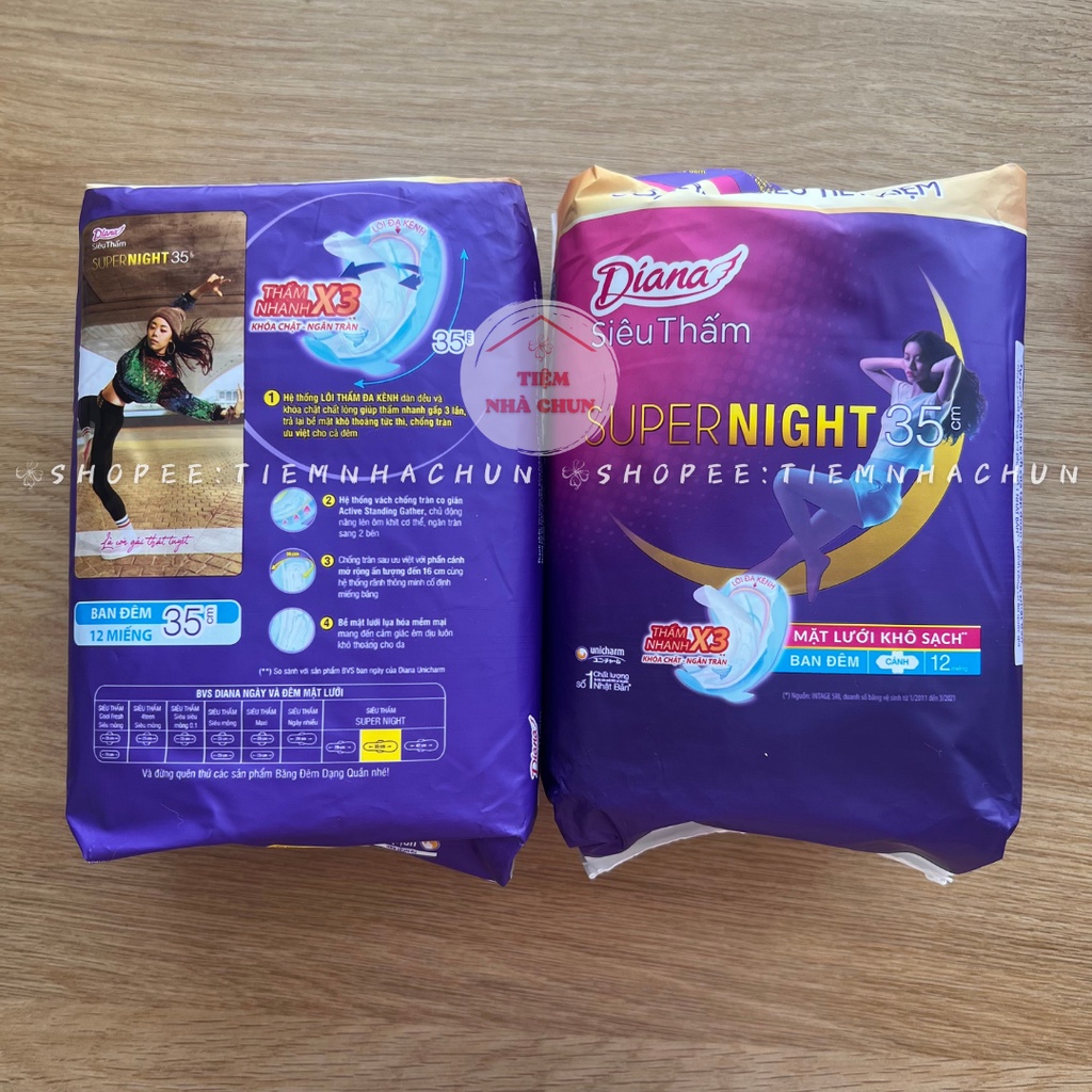 [BVS DIANA BAN ĐÊM 35cm] Gói 3 Miếng và Gói 12 Miếng Băng Vệ Sinh Diana Super Night Siêu Thấm Có ...