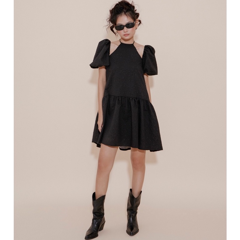 Váy đen Fabric Holic cổ yếm tay phồng | Shopee Việt Nam